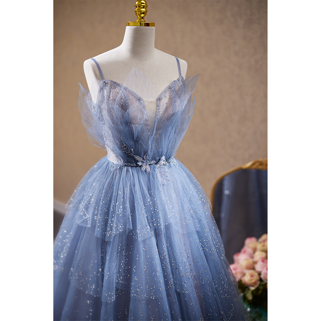 Blue Straps Beaded V-neckline Party Dress, Blue Tulle Formal Dress Eve ...