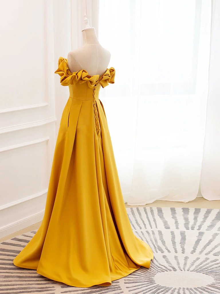 Yellow Satin A-line Sweetheart Off Shoulder Party Dress, Yellow Long P ...