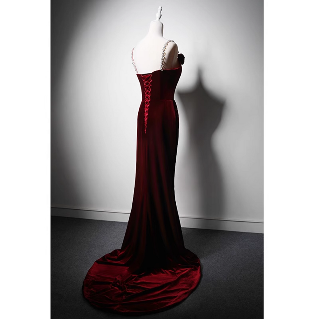 Wine Red Velvet Mermaid Long Straps Evening Dress, Wine Red Velvet Par ...