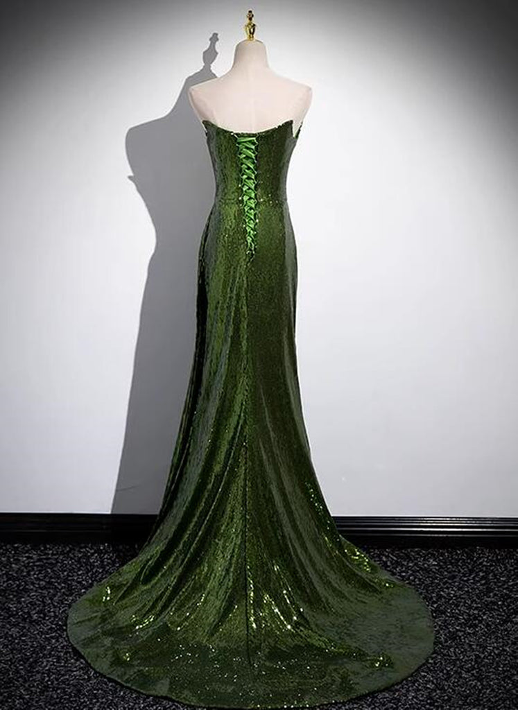 Green Sequins Mermaid Long Prom Dress with Leg Slit, Green Sequins Par ...