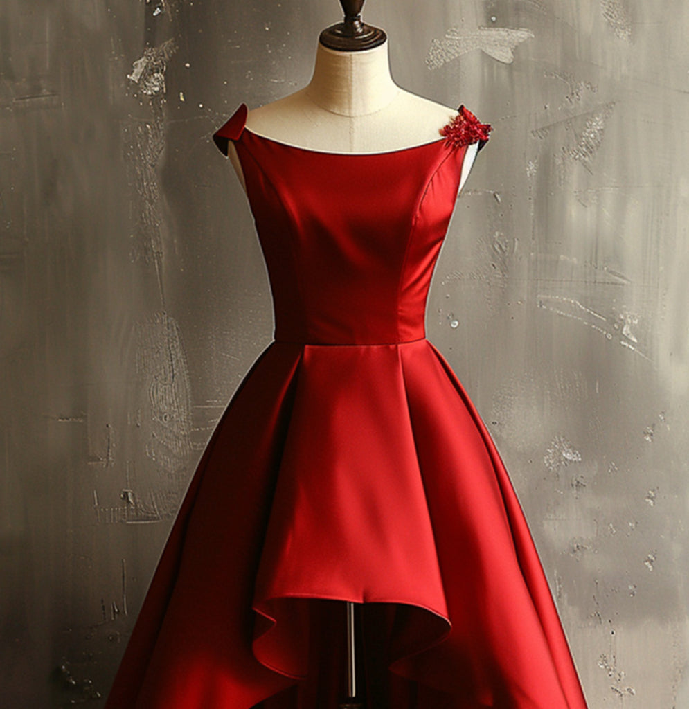 Wine Red Satin High Low Round Neckline Party Dress, Wine Red Homecomin ...