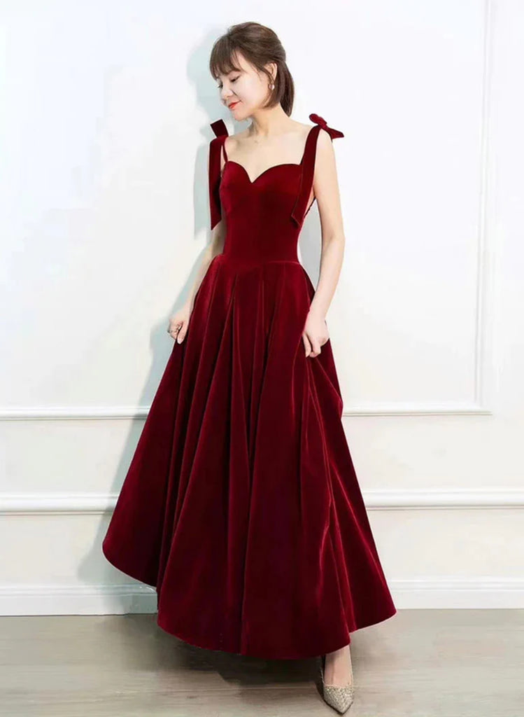 Wine Red Velvet Long Party Dress with Straps, Wine Red Floor Length Pr ...