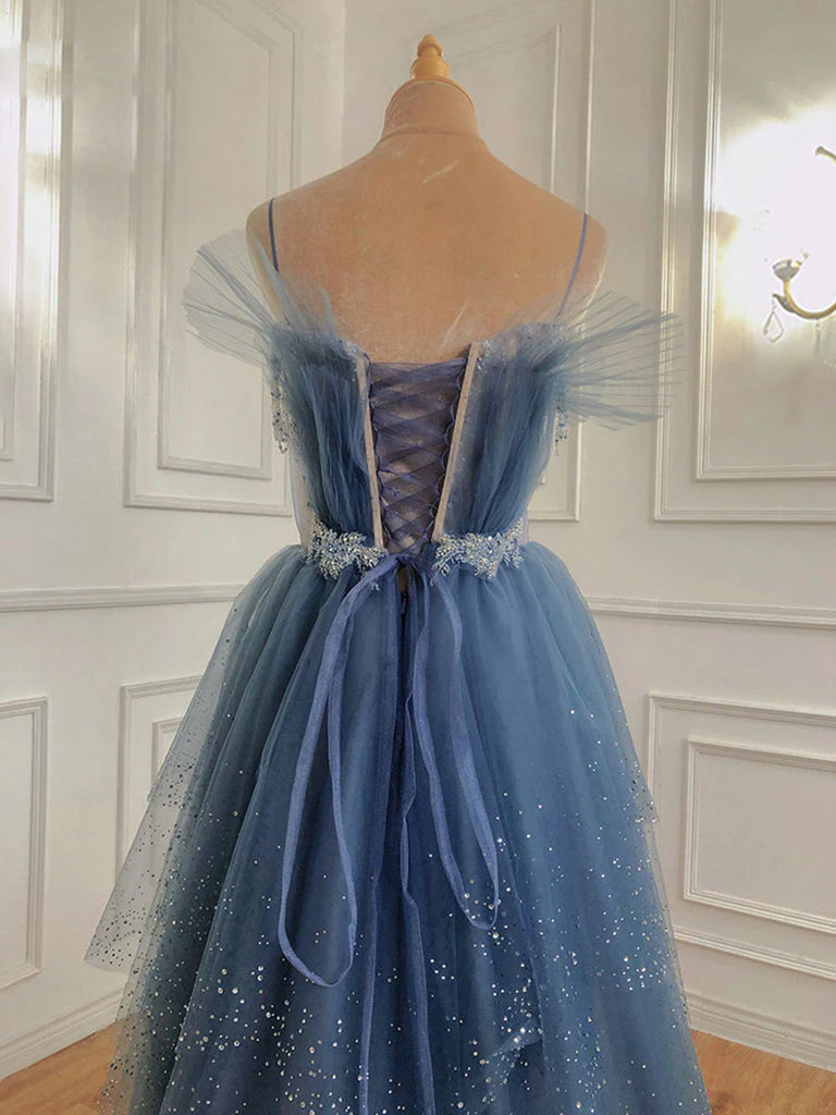 Dark Blue Beaded Straps Low Back Tulle Prom Dress, Blue A-line Evening ...