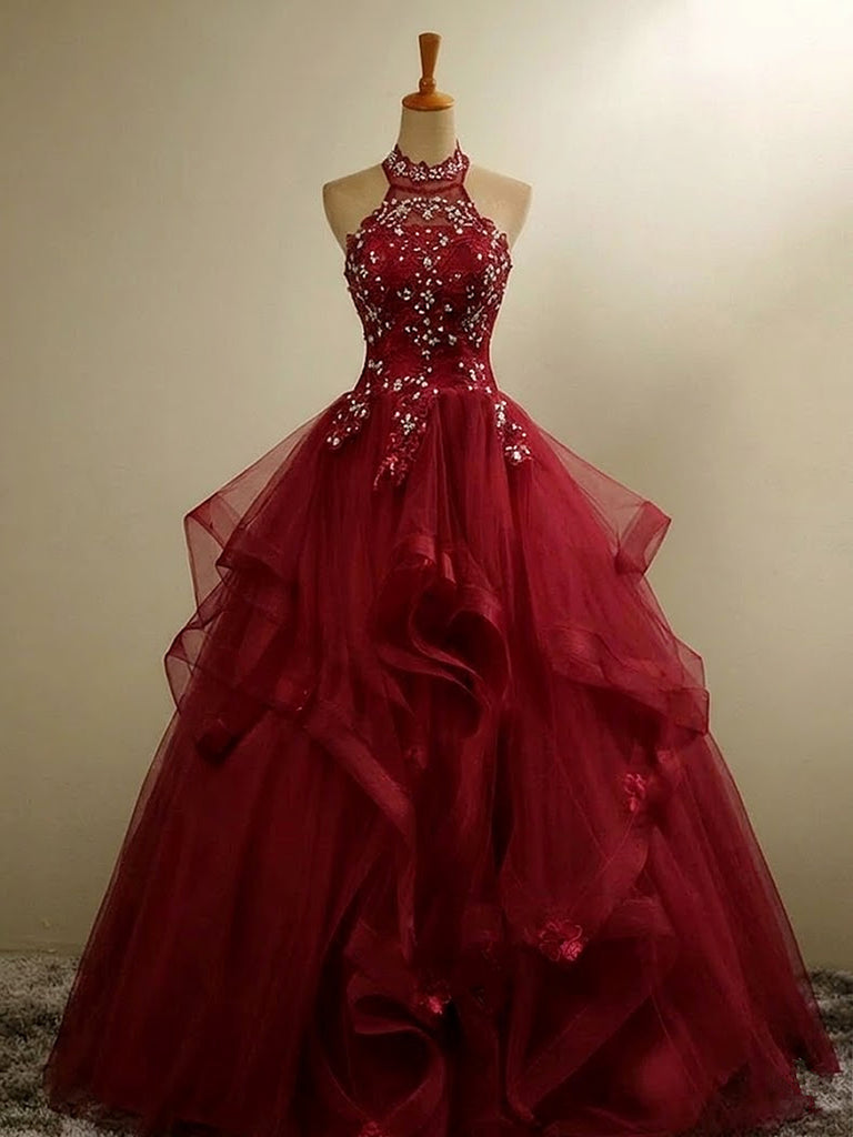 Wine Red Halter Neck Ball Gown Quinceanera Dress, Tulle Beaded Lace Bo ...