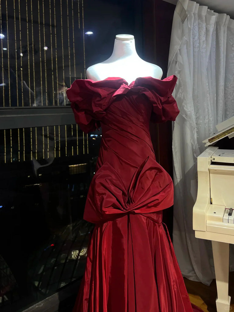 Burgundy Off Shoulder Taffeta Prom Gown ,Vintage Ruffle Mermaid Gown w ...