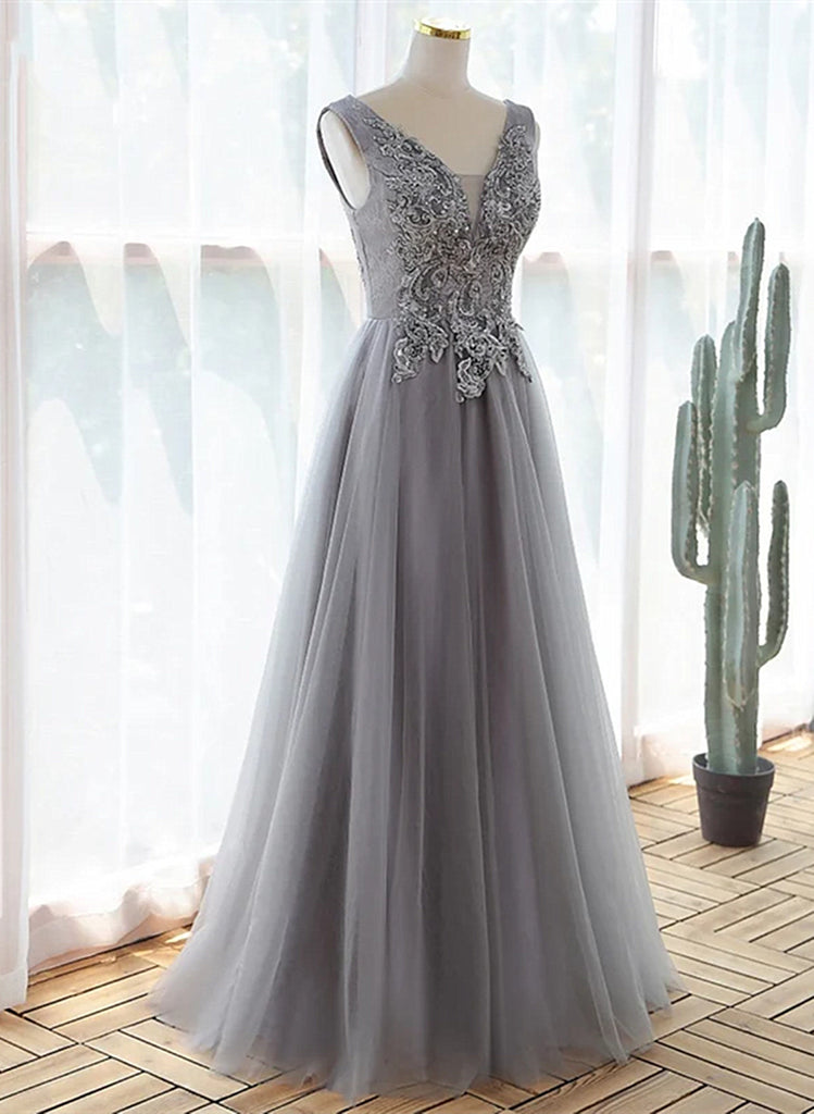 A-line Grey Tulle V-neckline Long Party Dress with Lace, Grey Bridesma ...
