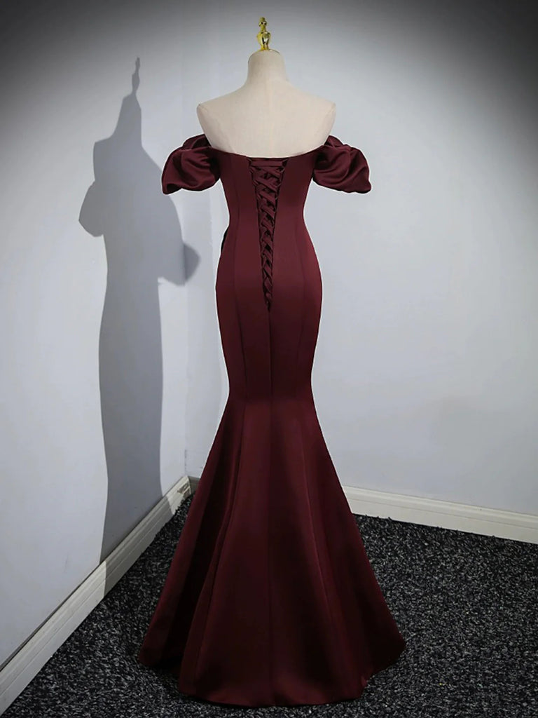 Charming Maroon Satin Mermaid Off Shoulder Prom Dress, Maroon Party Dr ...