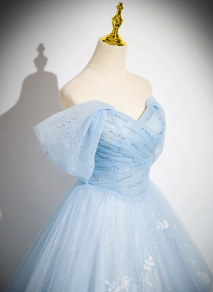 Light Blue Tulle Off Shoulder Beaded Prom Dress, Light Blue Party Dres ...