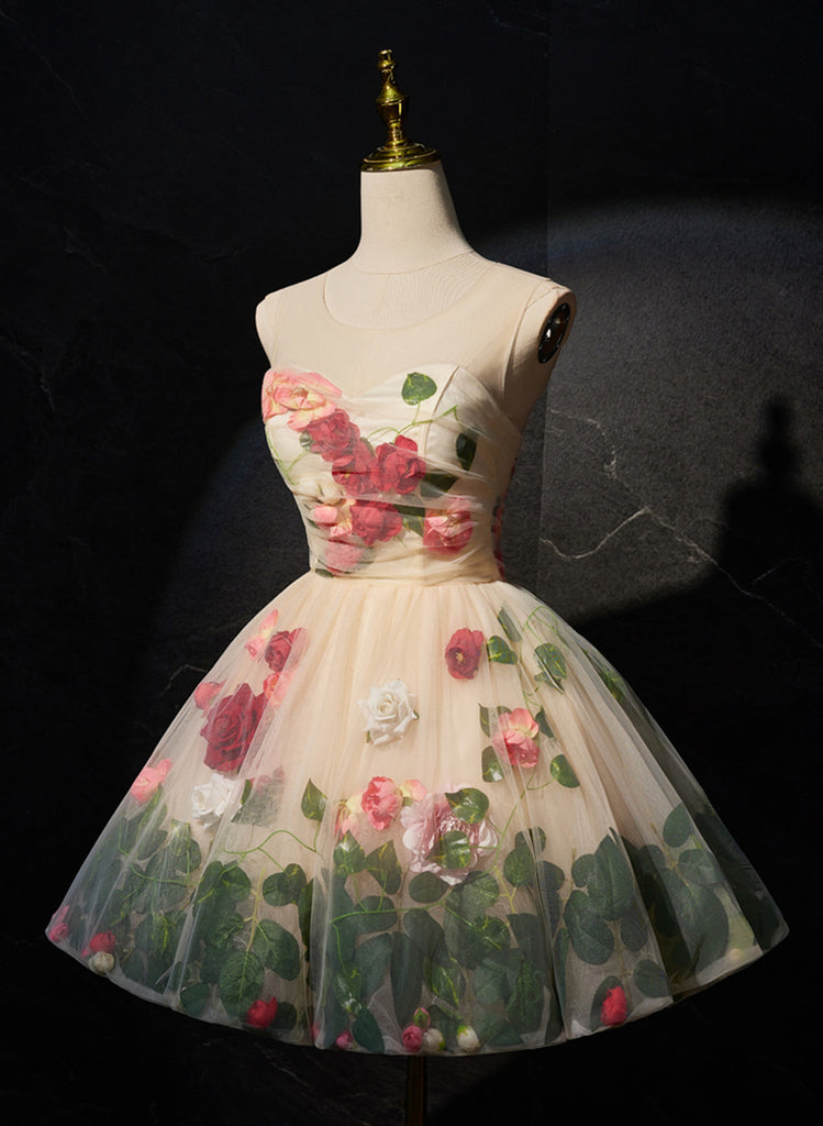 Light Champagne Short Flowers Party Dress, Cute Tulle Homecoming Dress ...