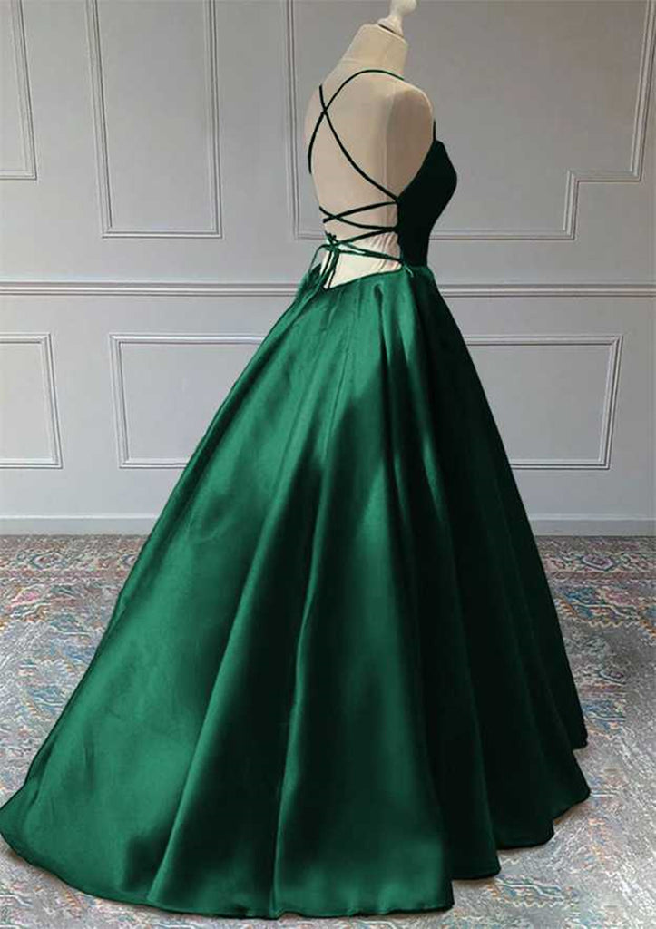 Green Satin Lace-up Long Formal Dress, Green Satin Long Prom Dress Eve ...
