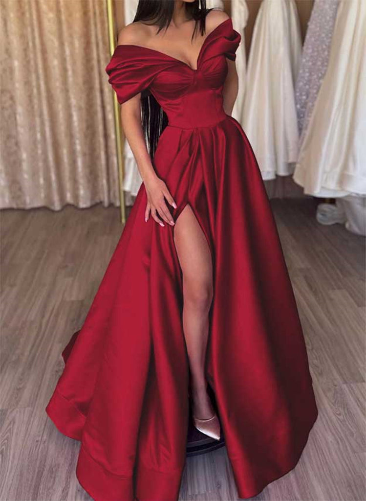 Wine Red Satin Off Shoulder Long Party Dress with Leg Slit, Wine Red P ...