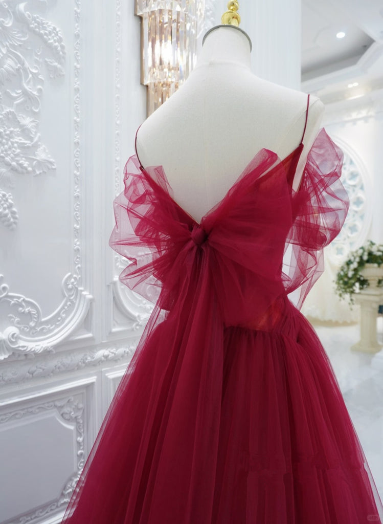 Wine Red Tulle V-neckline Off Shoulder with Bow, Wine Red Tulle Long P ...