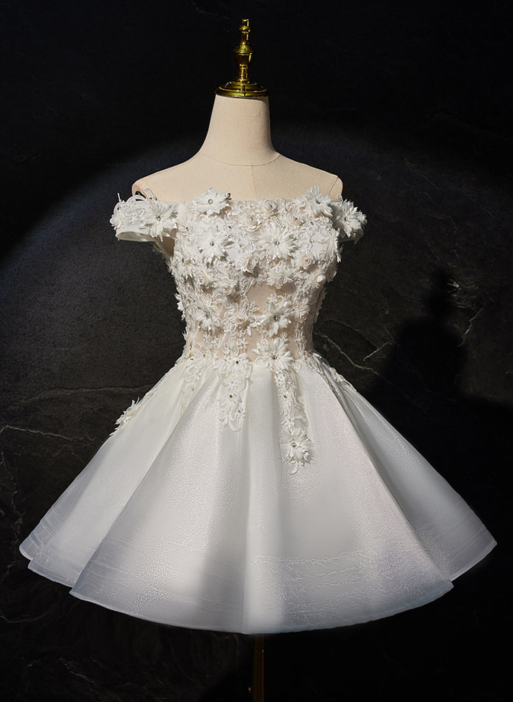 White Lovely Short Tulle with Lace Off Shoulder Party Dress, White Gra ...