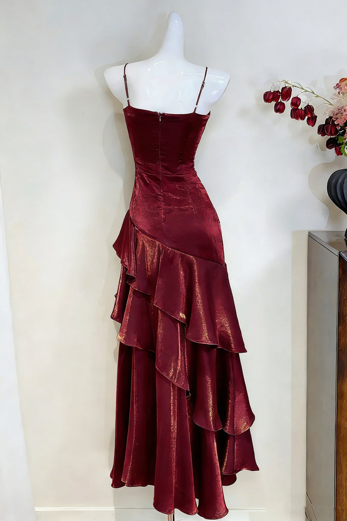 Wine Red Satin Ruched Prom Dress,Spaghetti Straps Tiered Party Dress E ...