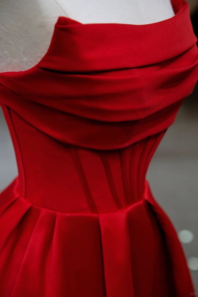 Red Satin A-line Long Evening Dress Prom Dress, Red Satin Wedding Part ...