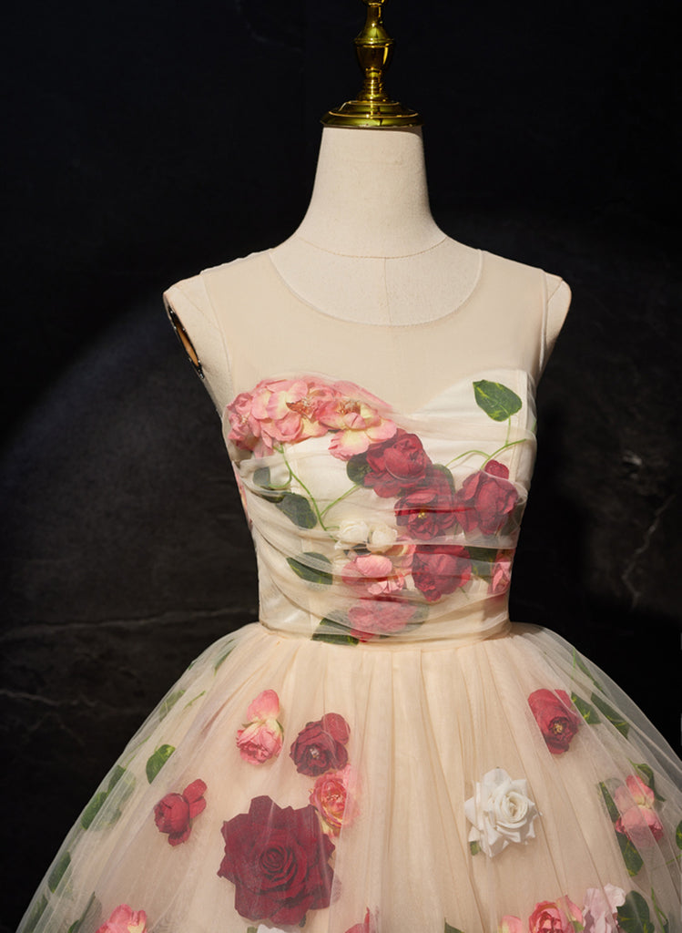 Light Champagne Short Flowers Party Dress, Cute Tulle Homecoming Dress ...