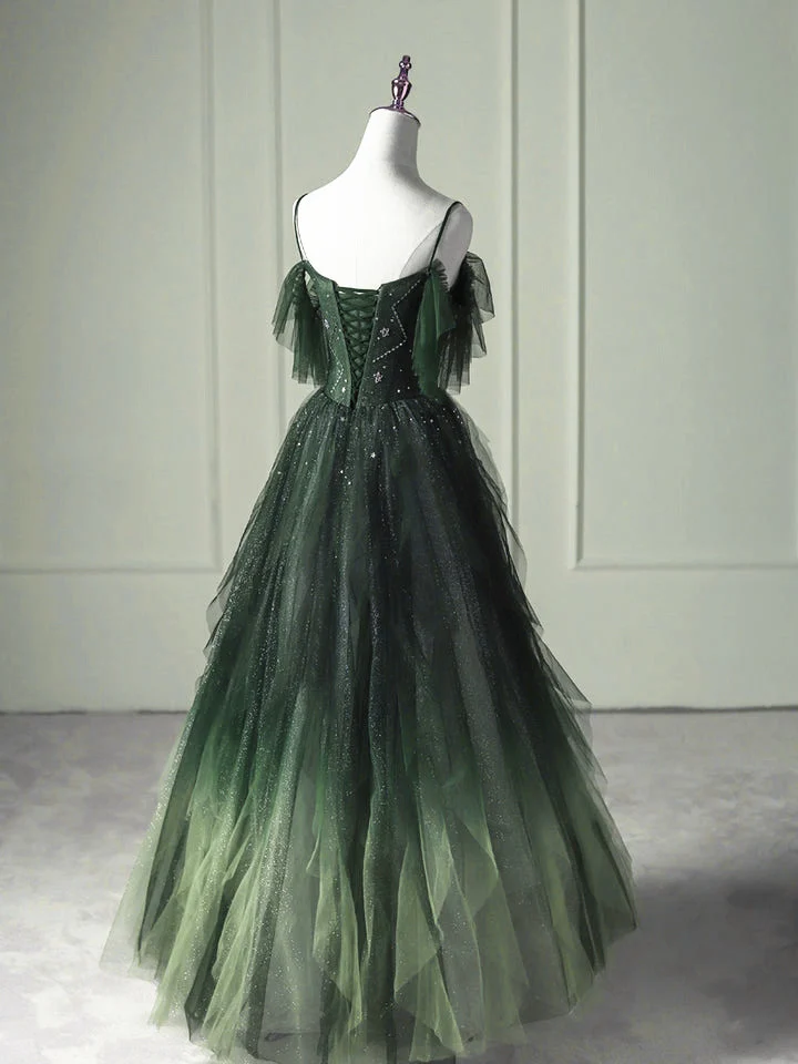 Green Gradient Tulle Beaded Sweetheart Long Formal Dress, Green Straps ...