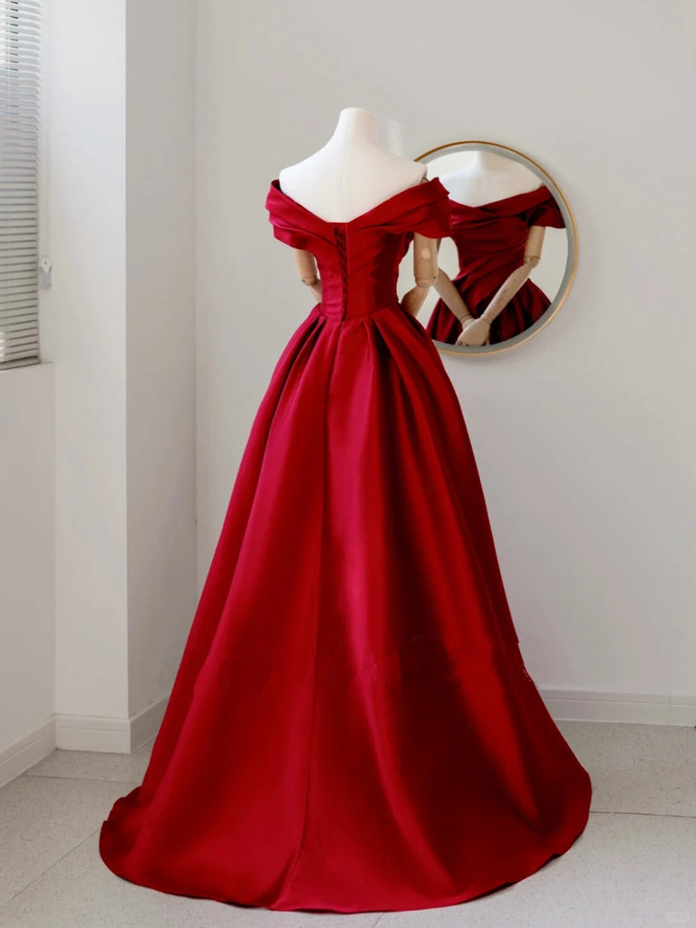 Wine Red Satin and Sequins Off Shoulder Party Dress, Red Satin Long Pr ...