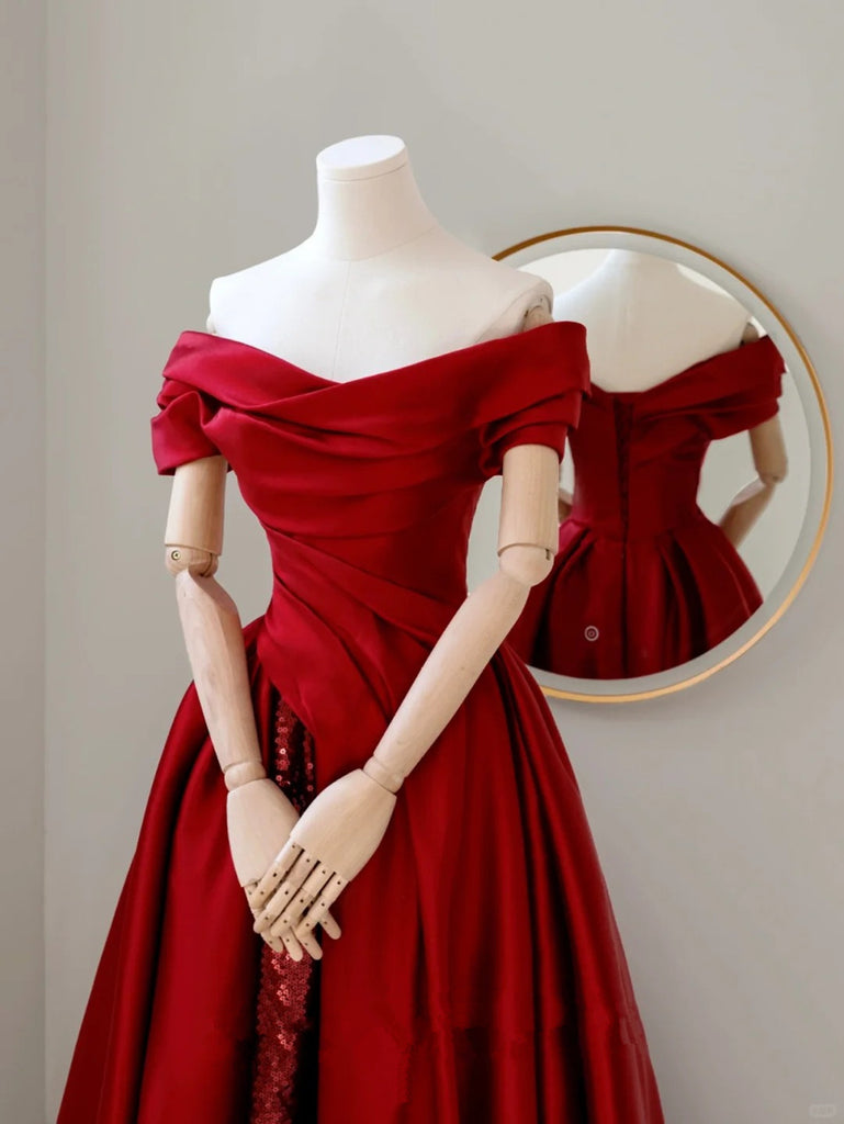 Wine Red Satin and Sequins Off Shoulder Party Dress, Red Satin Long Pr ...