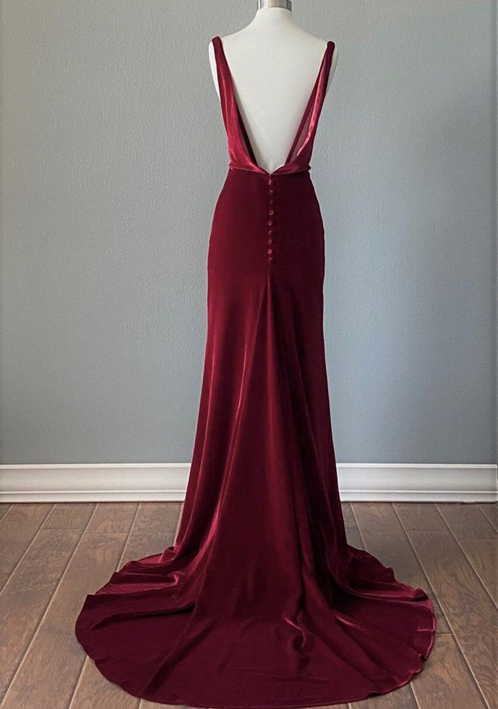 Wine Red Velvet Backless Straps Prom Dress, Wine Red Velvet Party Dres ...