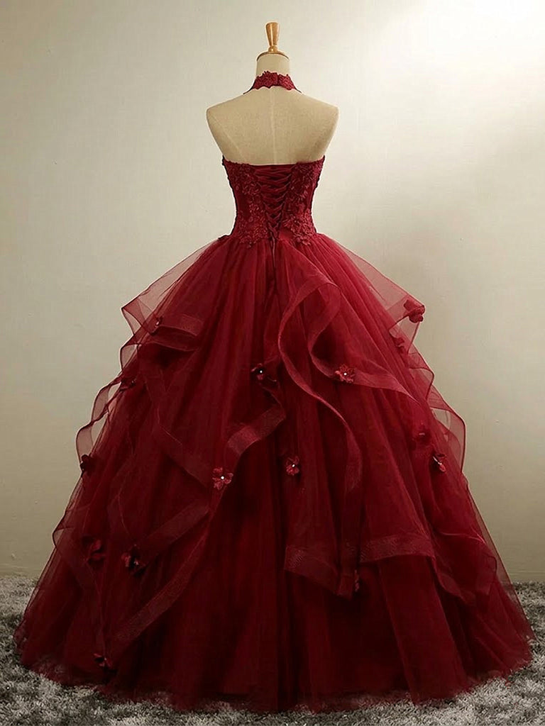 Wine Red Halter Neck Ball Gown Quinceanera Dress, Tulle Beaded Lace Bo ...