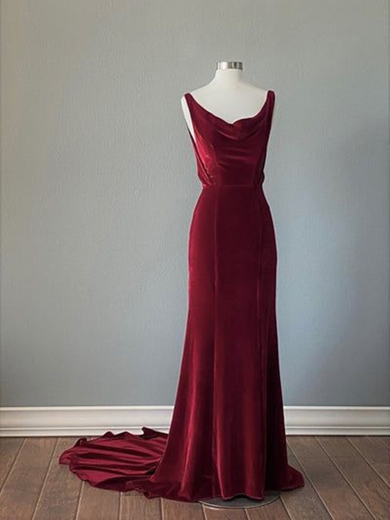 Wine Red Velvet Backless Straps Prom Dress, Wine Red Velvet Party Dres ...