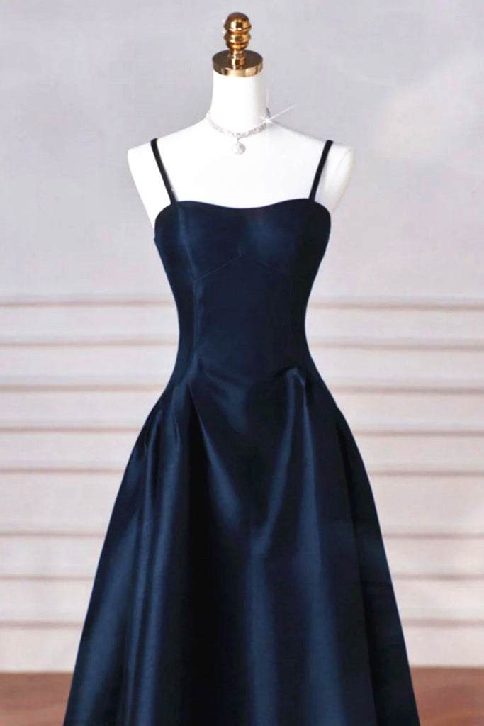 A-line Navy Blue Satin Straps Long Formal Dress, Navy Blue Prom Dress ...