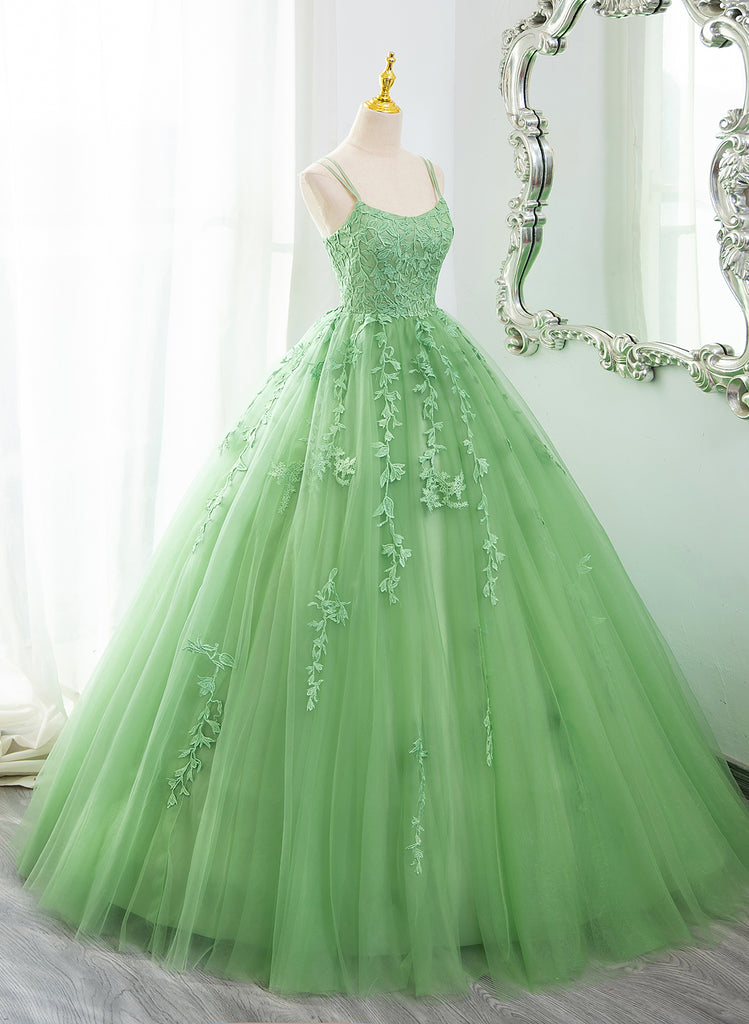 Green Ball Gown Scoop Straps Tulle Long Prom Dress, Green Tulle Formal ...