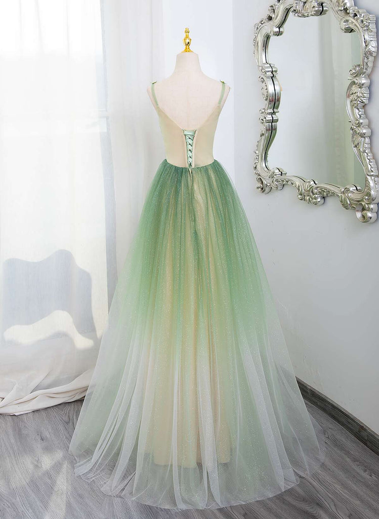 Green Gradient A-line Tulle V-neckline Long Party Dress, Green Tulle P ...