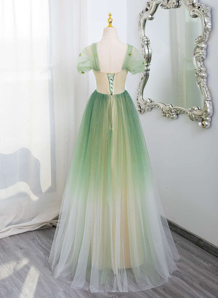 Green Tulle A-line Gradient Short Sleeves Prom Dress, Green Tulle Part ...