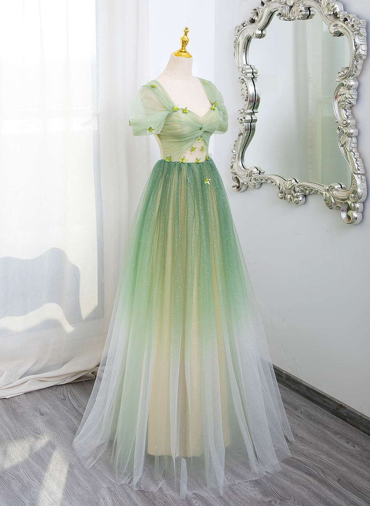 Green Tulle A-line Gradient Short Sleeves Prom Dress, Green Tulle Part ...