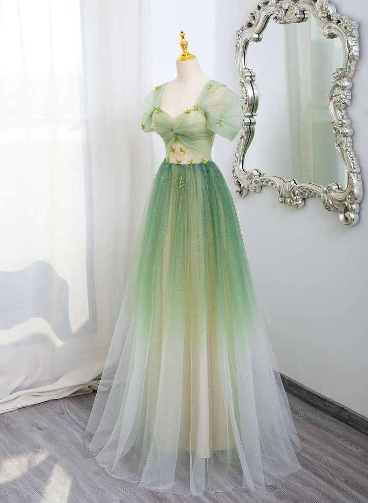 Green Tulle A-line Gradient Short Sleeves Prom Dress, Green Tulle Part ...