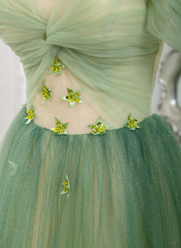 Green Tulle A-line Gradient Short Sleeves Prom Dress, Green Tulle Part ...