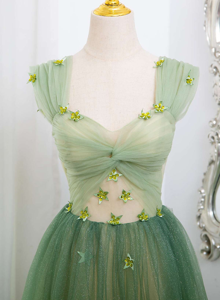 Green Tulle A-line Gradient Short Sleeves Prom Dress, Green Tulle Part ...