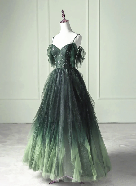 Green Gradient Tulle Beaded Sweetheart Long Formal Dress, Green Straps ...