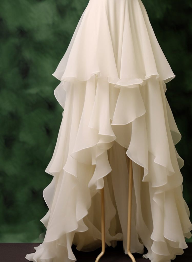 White Chiffon High Low Short Sleeves Party Dress, White Chiffon Weddin ...