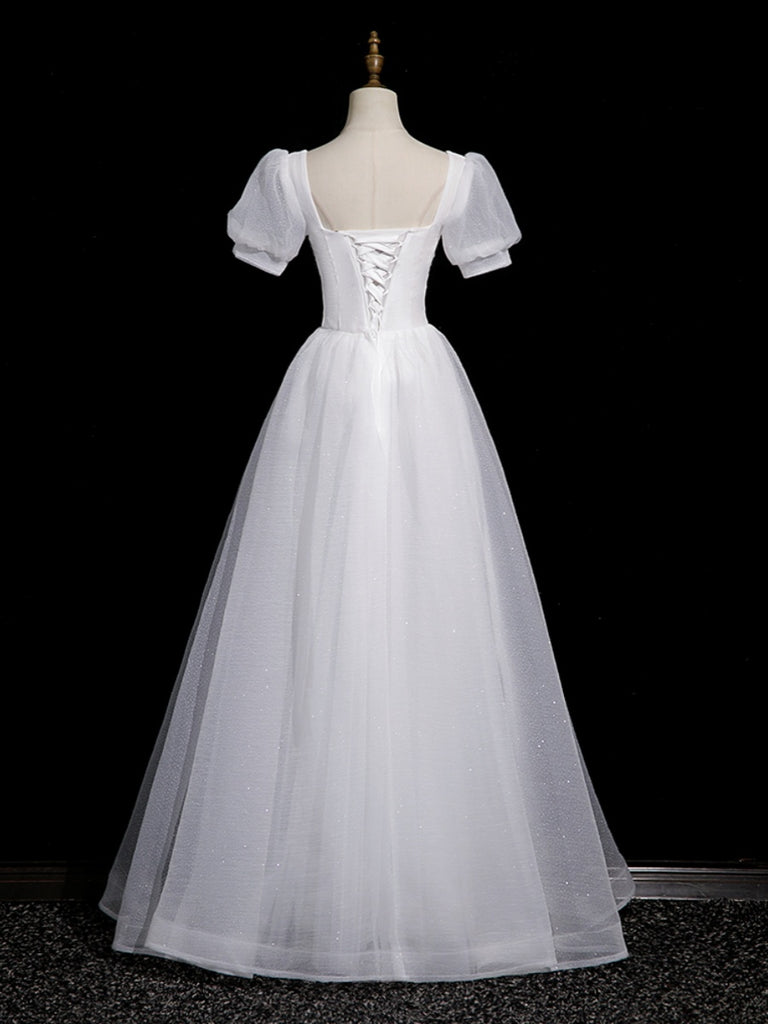 Cute White Tulle Short Sleeves Beaded Party Dress, A-line White Tulle ...