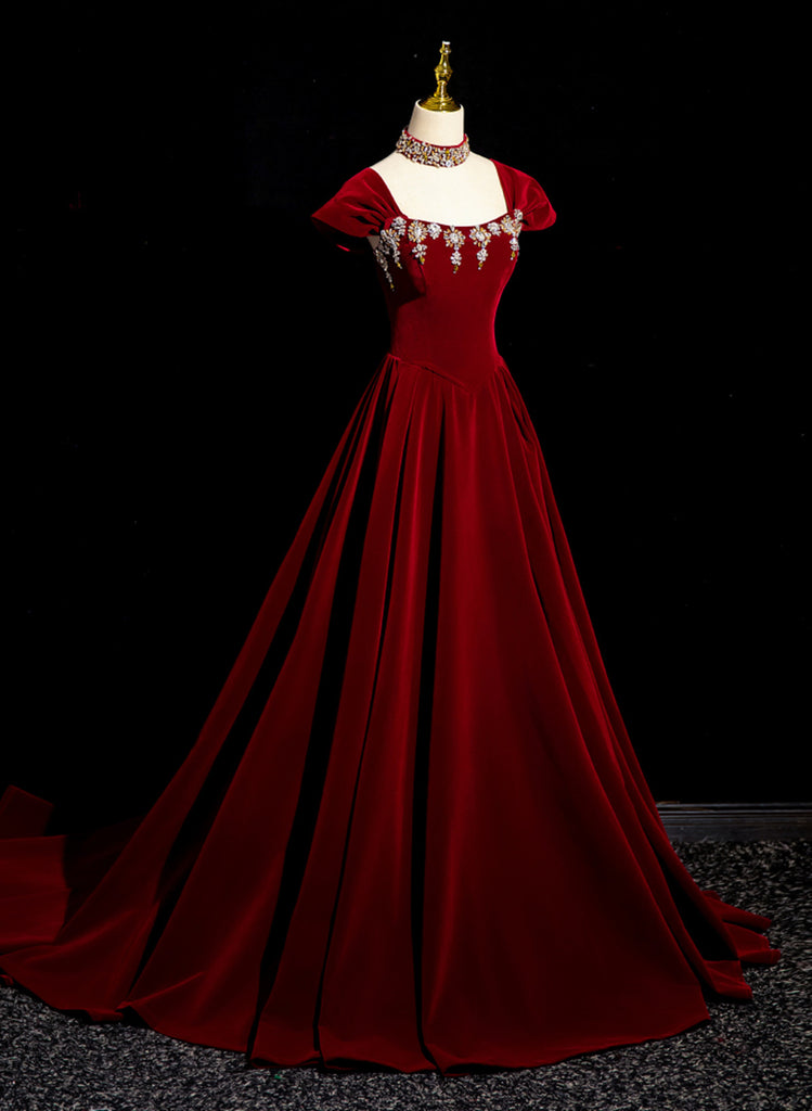 Wine Red Velvet Long Formal Dress with Beadings, Wine Red Prom Dress ...
