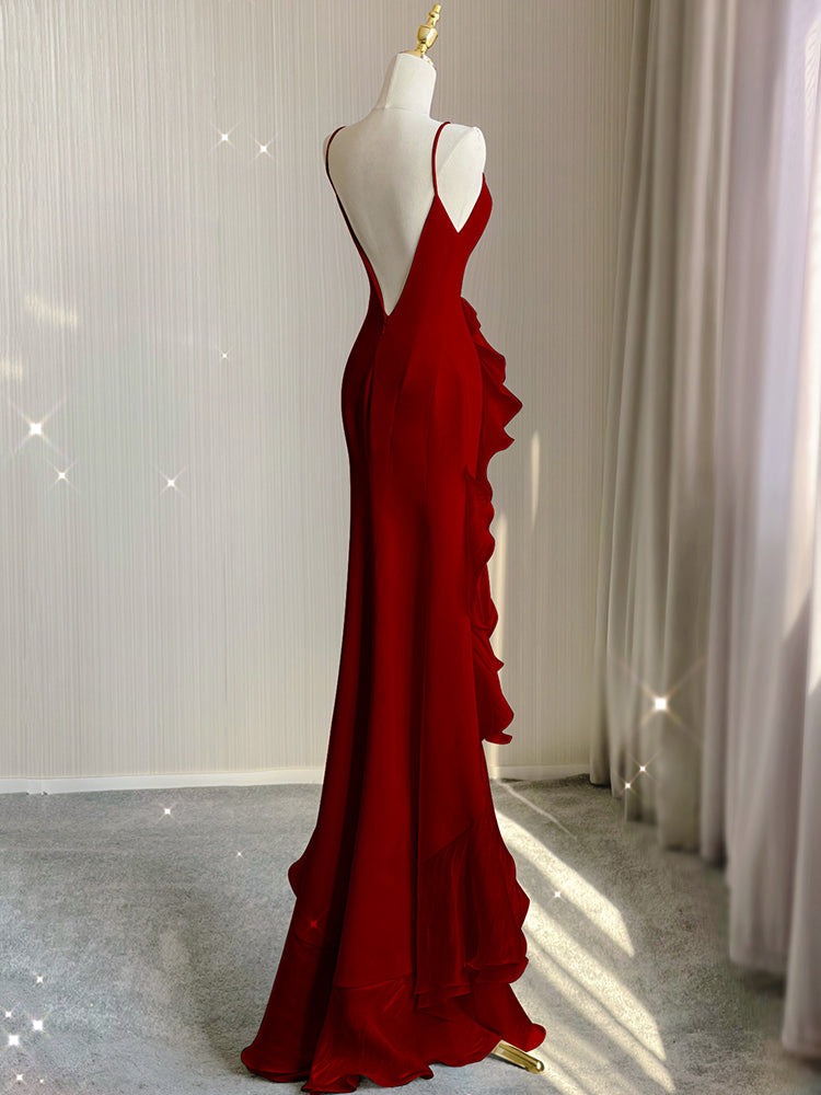 Wine Red Low Back Straps Evening Dress, Wine Red High Low Party Dress ...