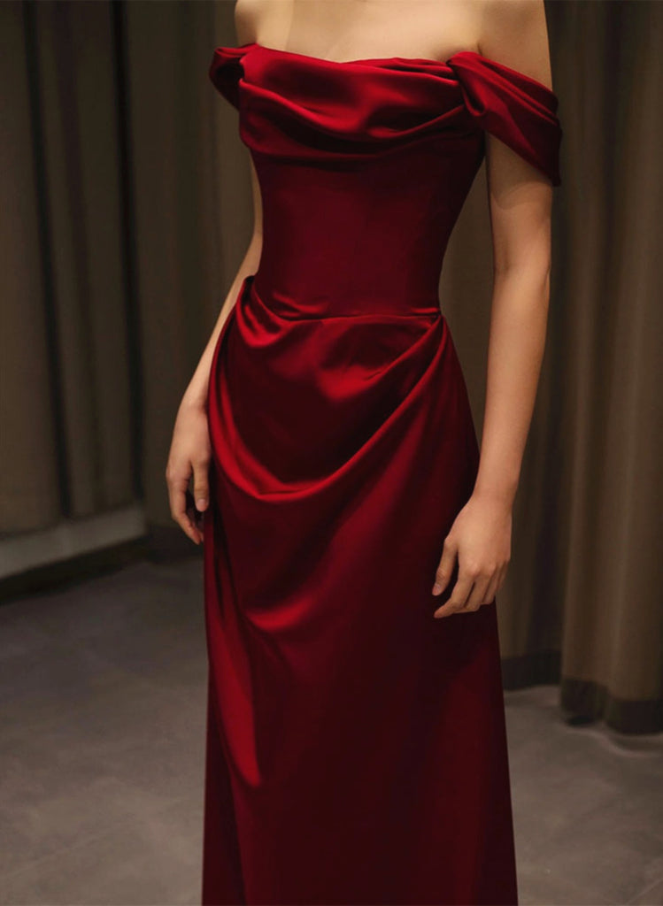 Wine Red Satin Off Shoulder Floor Length Prom Dress, Wine Red Party Dr ...