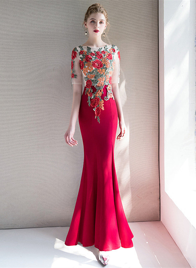 Red Mermaid Round Neckline Long Party Dress, Red Long Evening Dress Pr ...