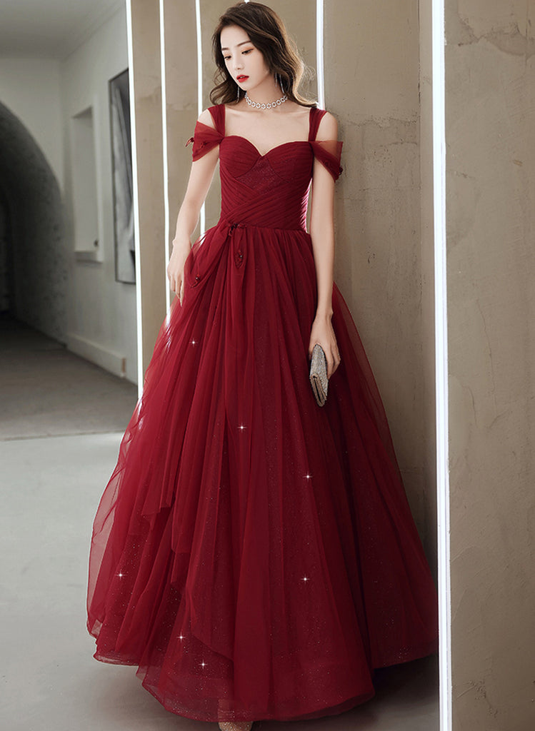 Wine Red Off Shoulder Tulle Party Dress, Wine Red Tulle Prom Dress Eve – Cutedressy