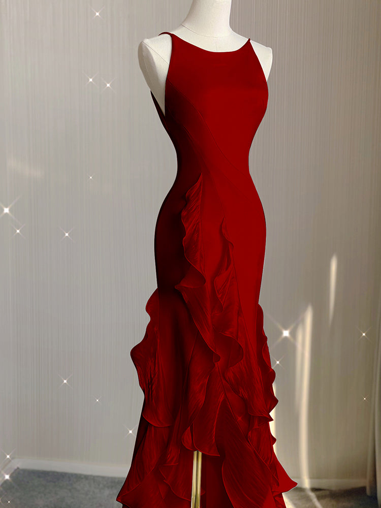 Wine Red Low Back Straps Evening Dress, Wine Red High Low Party Dress ...