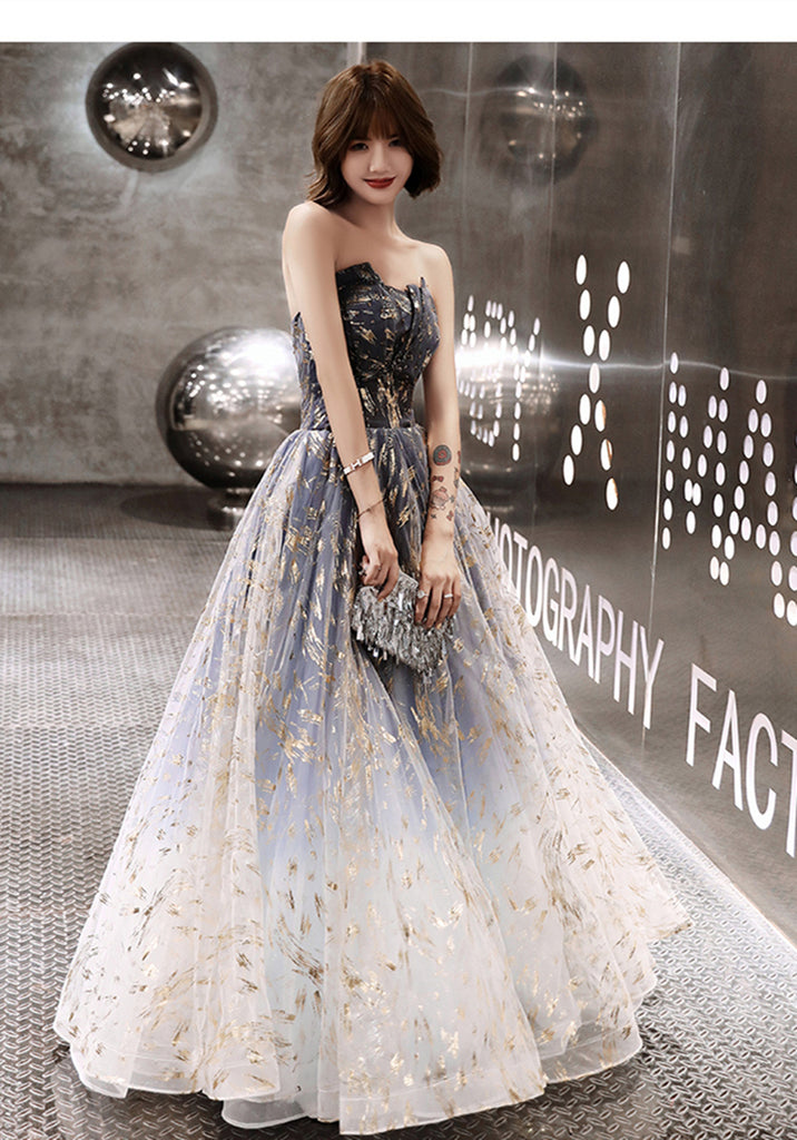 A-line Blue Tulle Long Party Dress with Lace-up, Blue Evening Dress Pr ...