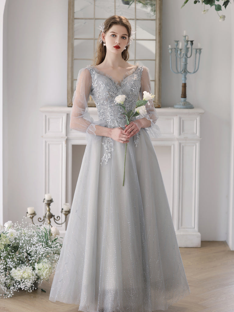 Light Grey Tulle V-neckline Beaded Long Party Dress, Grey Tulle Prom D ...