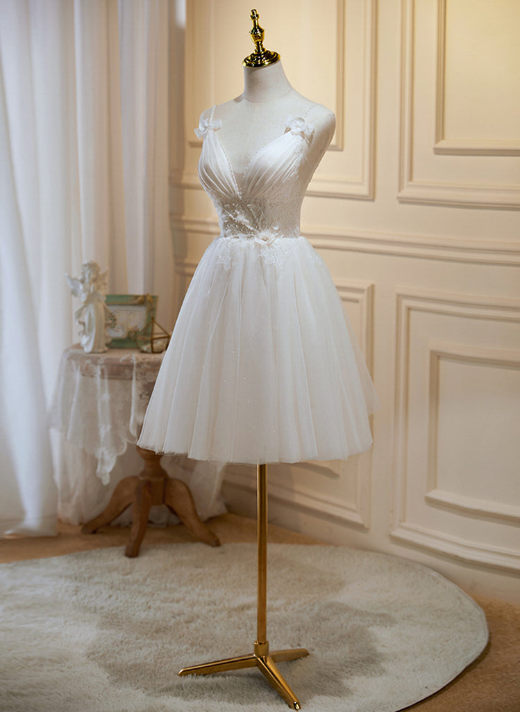 Cute Ivory Tulle V-neckline Short Party Dress, A-line Graduation Dress ...