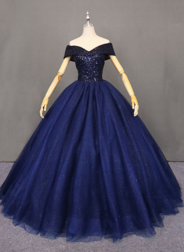 Glam Navy Blue Off Shoulder Beaded Tulle Formal Gown, Navy Blue Sweet ...