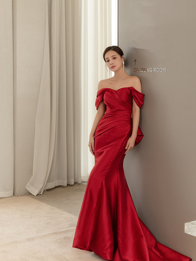 Wine Red Satin Mermaid Long Party Dress with Bow, Wine Red Off Shoulde ...