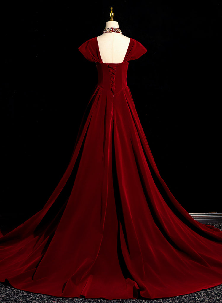 Wine Red Velvet Long Formal Dress with Beadings, Wine Red Prom Dress ...