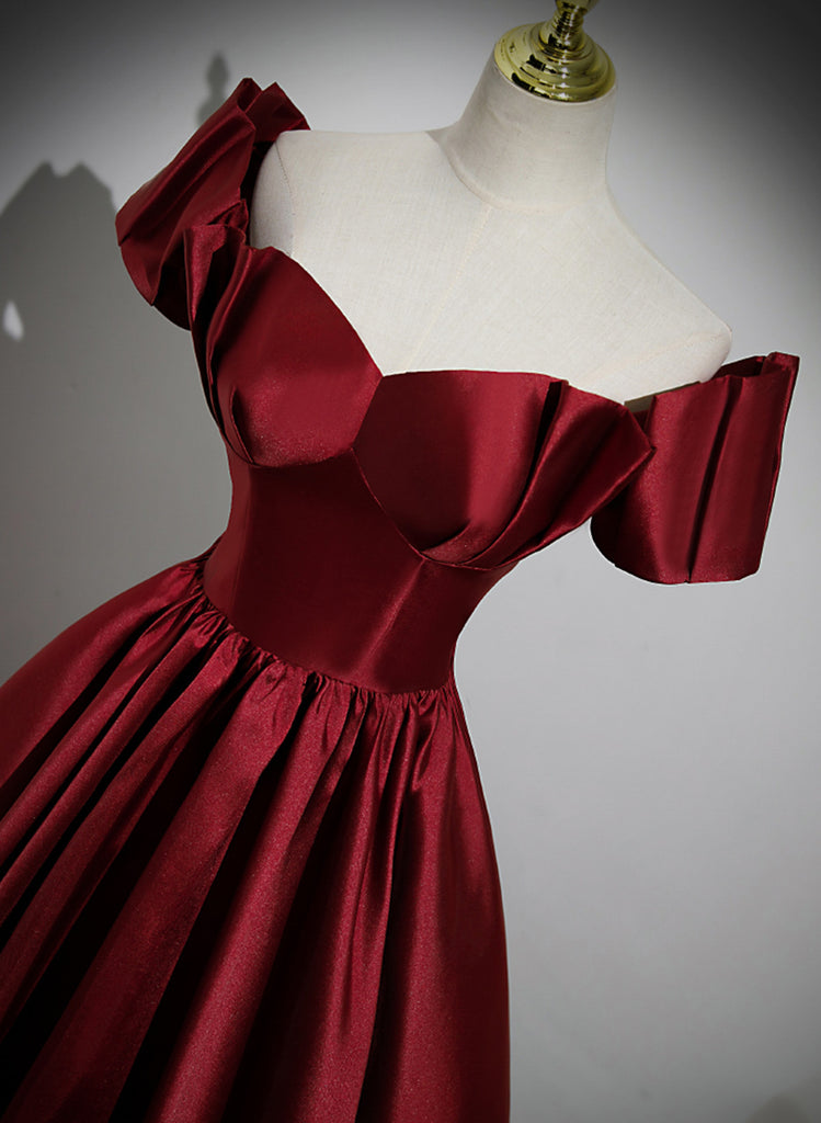 Wine Red Satin Short Sleeves Long Party Dress, Simple Wine Red Satin P ...